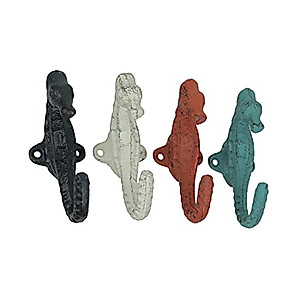 Zeckos Set of 4 Blue, White, and Coral Coastal Cast Iron Seahorse Decorative Wall Hooks Nautical Décor 5 Inches High