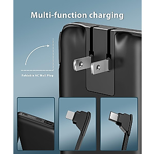 TG90° 10000mah Portable Charger with Built in Cables and AC Wall Plug, All in One Portable Phone Charger External Battery Packs Compatible with iPhone and Android Phones