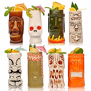 LEMONSODA Hard-Carved and Hand-Painted Tiki Mugs Assorted Cocktail Set of 8 - Ceramic Hawaiian Luau Party Mugs Drinkware, Cute Exotic Cocktail Glasses, Tiki Bar Hawaiian Party Barware - 18-23.5oz