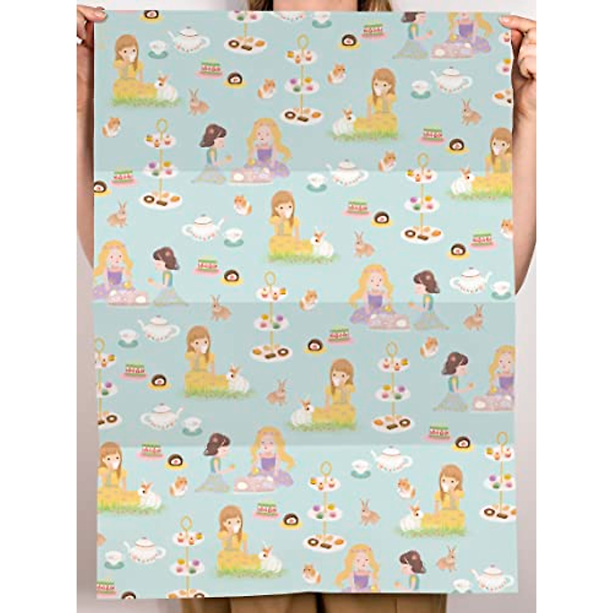 CENTRAL 23 Girls Wrapping Paper Birthday - 6 Sheets Blue Gift Wrap - Tea Party - Bunny - For Daughter Niece Granddaughter - Comes With Fun Stickers