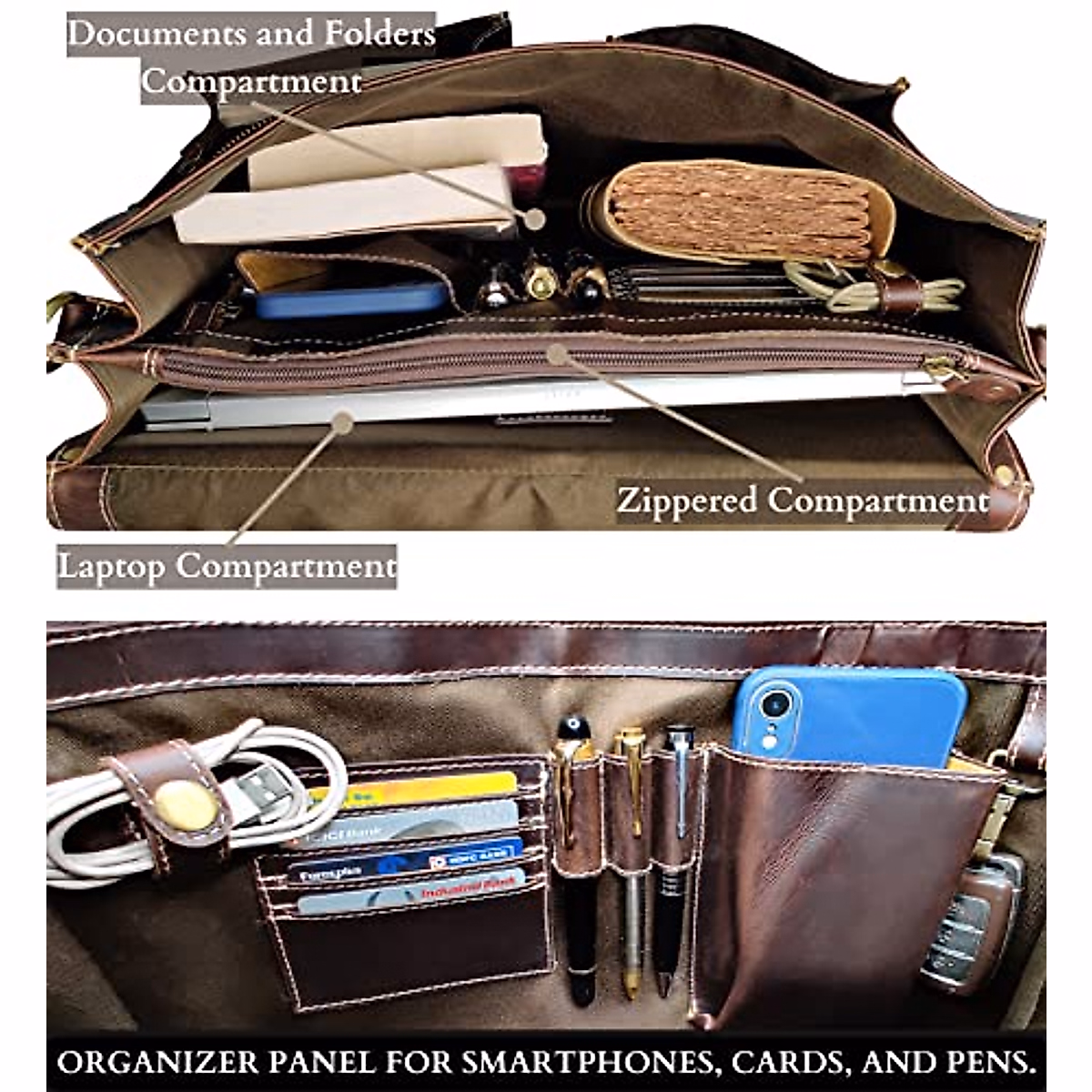 RUSTIC TOWN Handmade 16 inch Brown Leather Shoulder Briefcase Messenger Bag Men's 15.6-inch Laptop Satchel