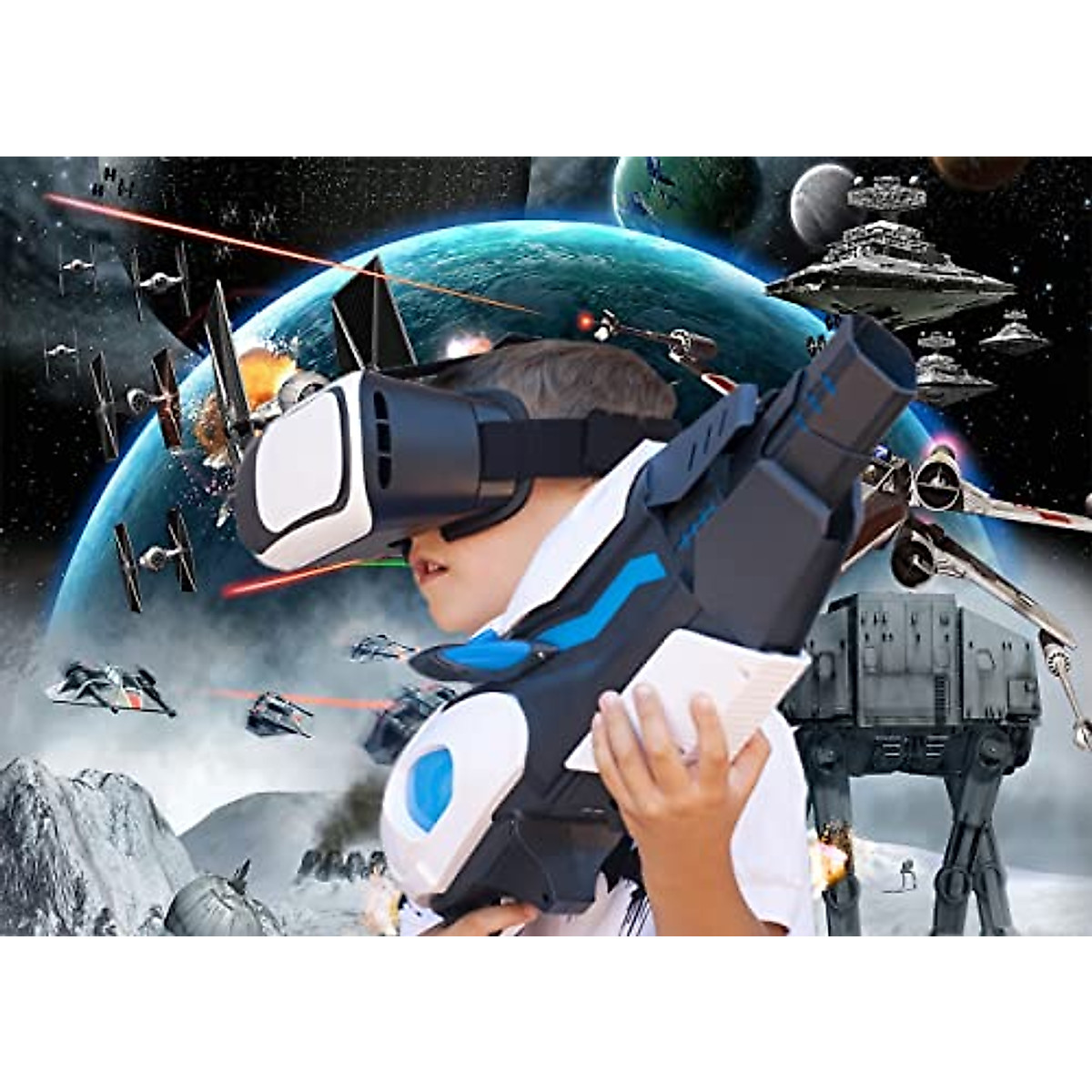 LYWYGG 7X5FT Outer Space Backdrop Galaxy Wars Photo Backgrounds Boys Party Supplies Black Stars Science Fiction Photography Backdrop Kids Birthday Decorations Banner CP-248