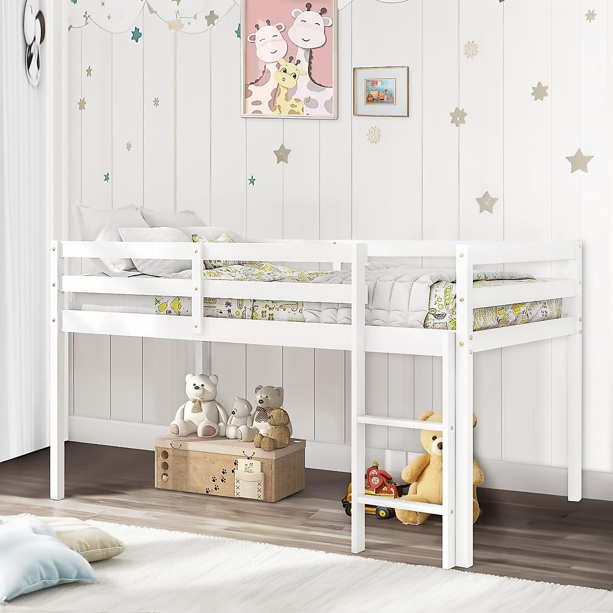 Antetek Twin Loft Bed Frame, Solid Pine Wood Twin Size Bed Frame with Ladder and Safety Full-Length Guardrail, Low Loft Bed for Kids, Teens, Boys, Girls, No Box Spring Needed, White