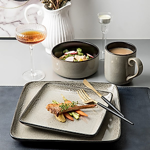 Arora FLACKAR Square Stoneware 16pc Double Bowl Dinnerware Set for 4, Dinner Plates, Side Plates, Cereal Bowls, Pasta Bowls - Reactive Glaze Grey (476076)