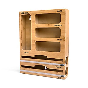 Declutter - Bamboo Ziploc Bag Organizer with Dual Dispensers and Cutters - Kitchen and Home Organization Tool for Gallon, Quart, Sandwich, Snack Bags - Fits in Kitchen Cabinets and Drawers