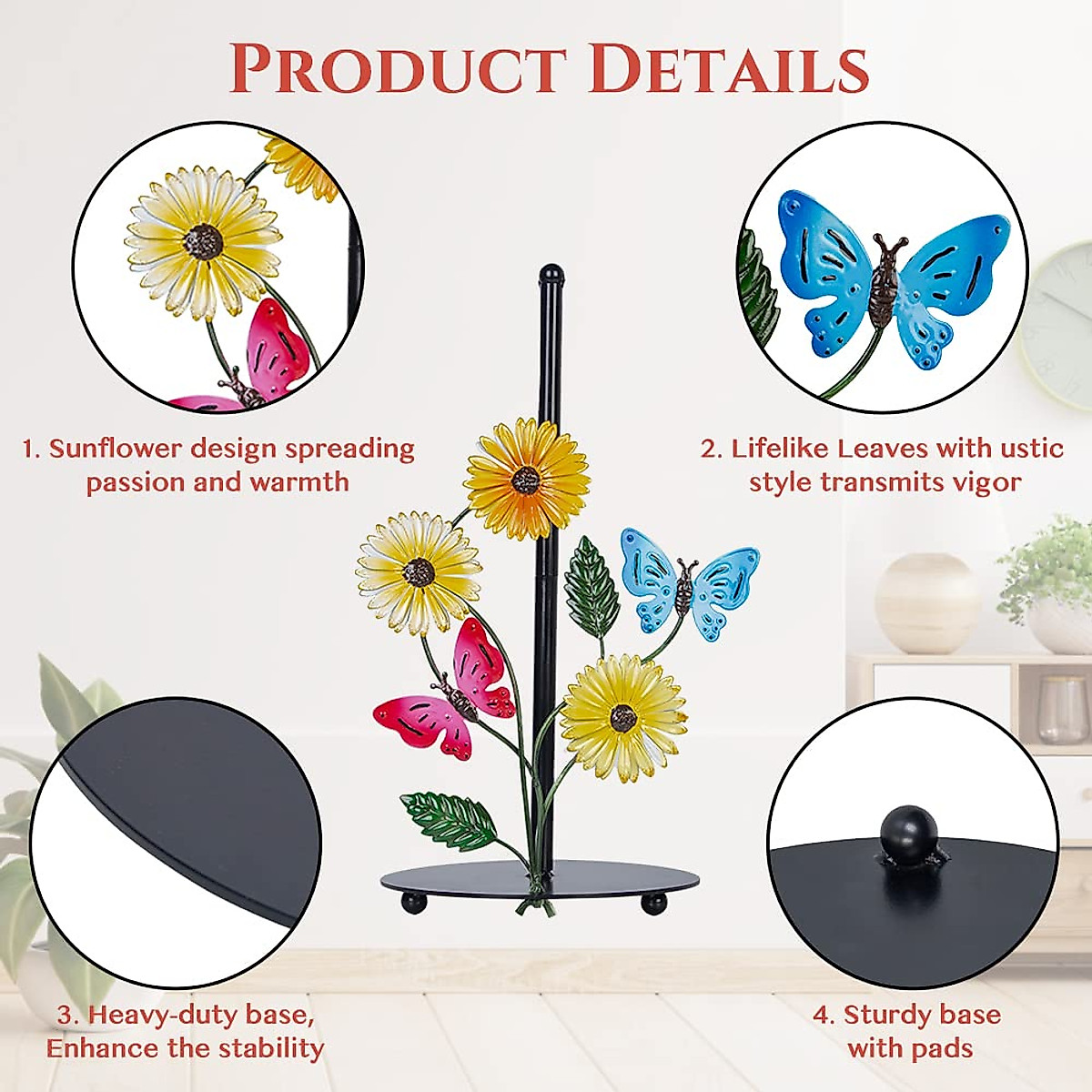Starsoul Butterfly Sunflower Napkin Holder Black Metal Standing Paper Towel Holders Weighted Rustic Paper Roll Holder Decorative Paper Towel Holder Countertop for Kitchen