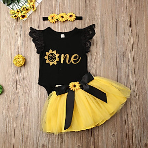 MA&BABY Newborn Girls 1st Birthday Outfit Ruffled Floral One Romper Yellow Tutu Skirt Dress First Birthday Girl Outfit (Black+Yellow, 12-18Months)
