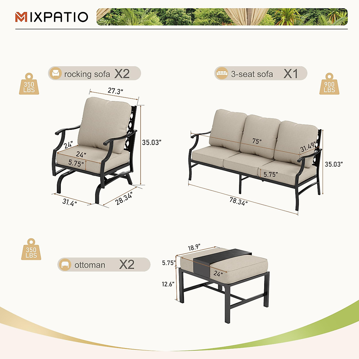 MIXPATIO Patio Furniture Set 5 pcs, Outdoor Patio Furniture Set, 3-Seat Sofa, 2 Rocking Chairs, 2 Ottomans and 5.75" Extra Thick Cushion, Patio Conversation Set for Garden Backyard Deck,Beige