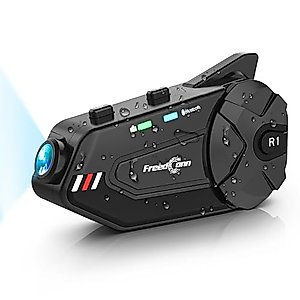 FreedConn Motorcycle Helmet Headset with Camera R1plus Bluetooth Intercom 1000M 6 Riders Waterproof Wireless FM Radio Communication Systems for Most Helmets