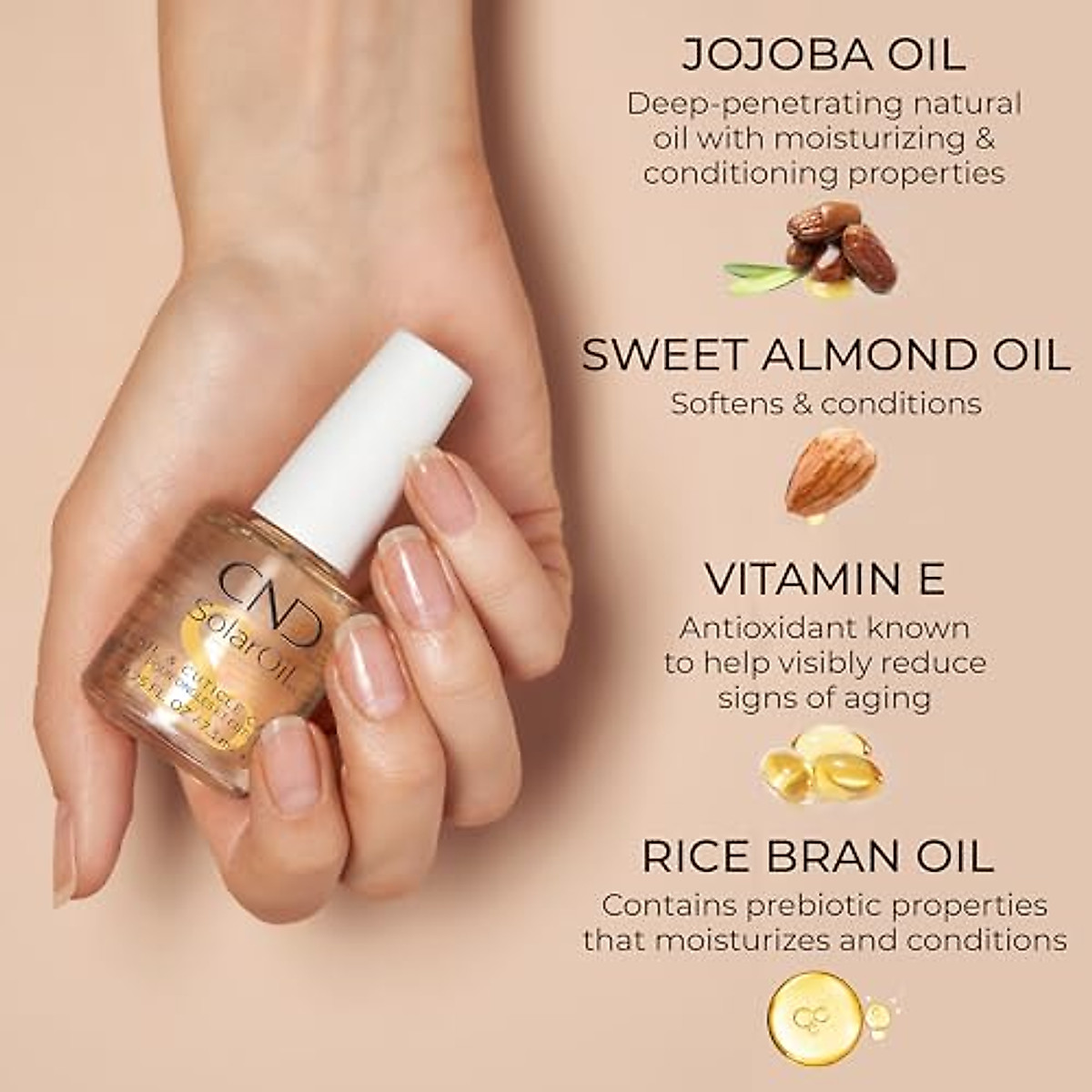 CND SolarOil Cuticle Oil, Natural Blend Of Jojoba, Vitamin E, Rice Bran and Sweet Almond Oils, Moisturizes and Conditions Skin, Pack Of 1, 0.25 Fl Oz