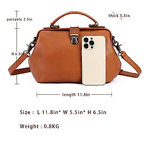 ARCOLAN Women's leather handbag retro Doctor Bag Brown Shoulder bag buckle type women's bag (Brown)
