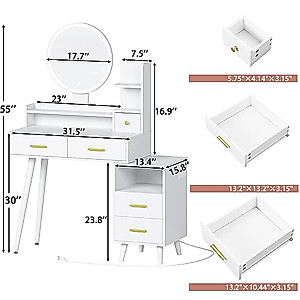 ADORNEVE Makeup Vanity with Lights in 3 Colors, Vanity Table with Charging Station, White Vanity Desk with Mirror and Lights, Makeup Table with 5 Drawers & Nightstand for Women Girls, White