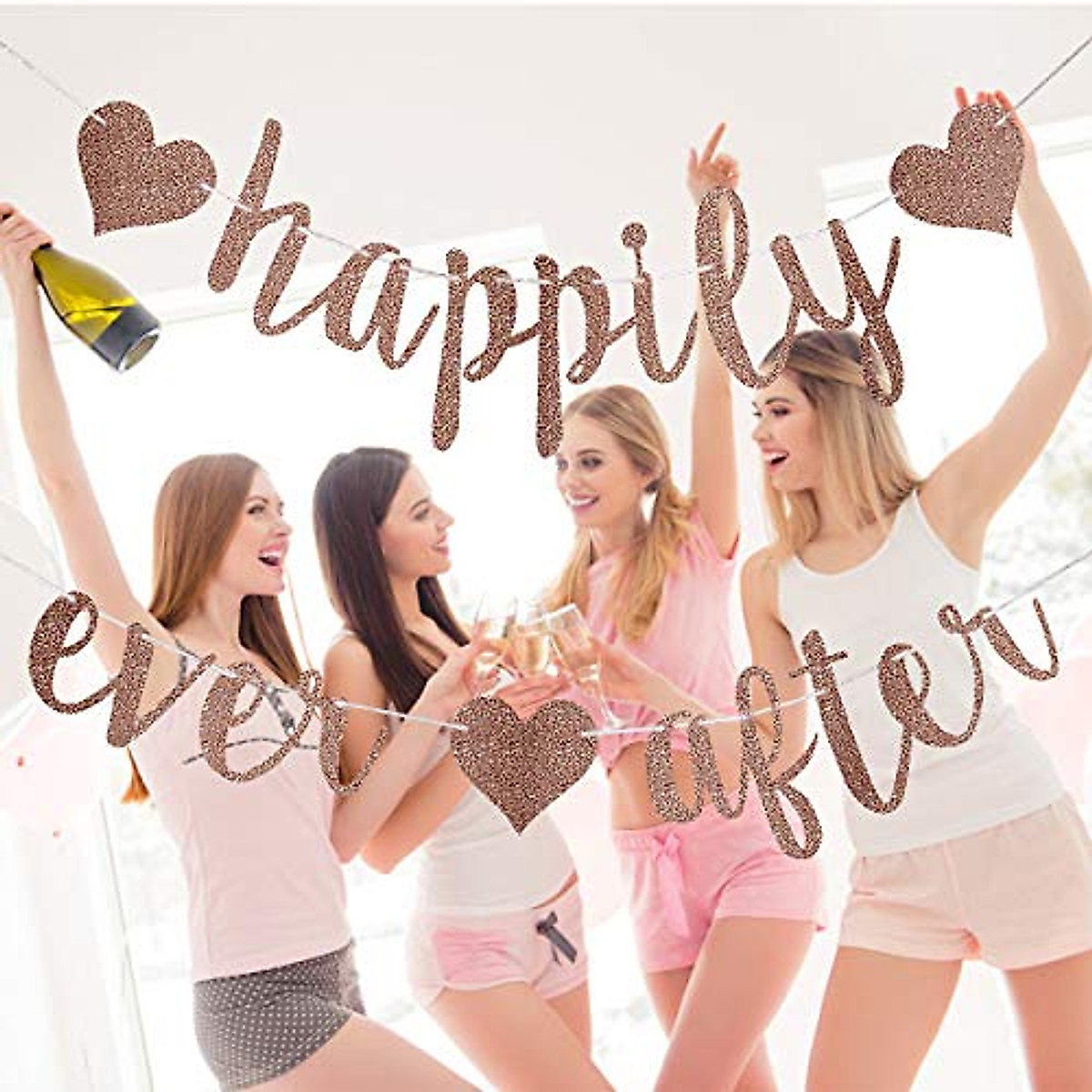 Happily Ever After Banner Rose Gold Glitter, Bachelorette Wedding Party Banner Bridal Shower Banner Rose Gold, Wedding Engagement Party Supplies