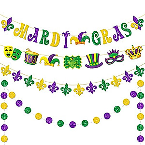 Mardi Gras Decorations Fat Tuesday Decor Fat Tuesday/Shrove Tuesday Hanging Bunting Banner New Orleans Party Mardi Gras Banner Gold Purple Green Circle Dots Garland Mardi Gras Mask Sign Banner Kit