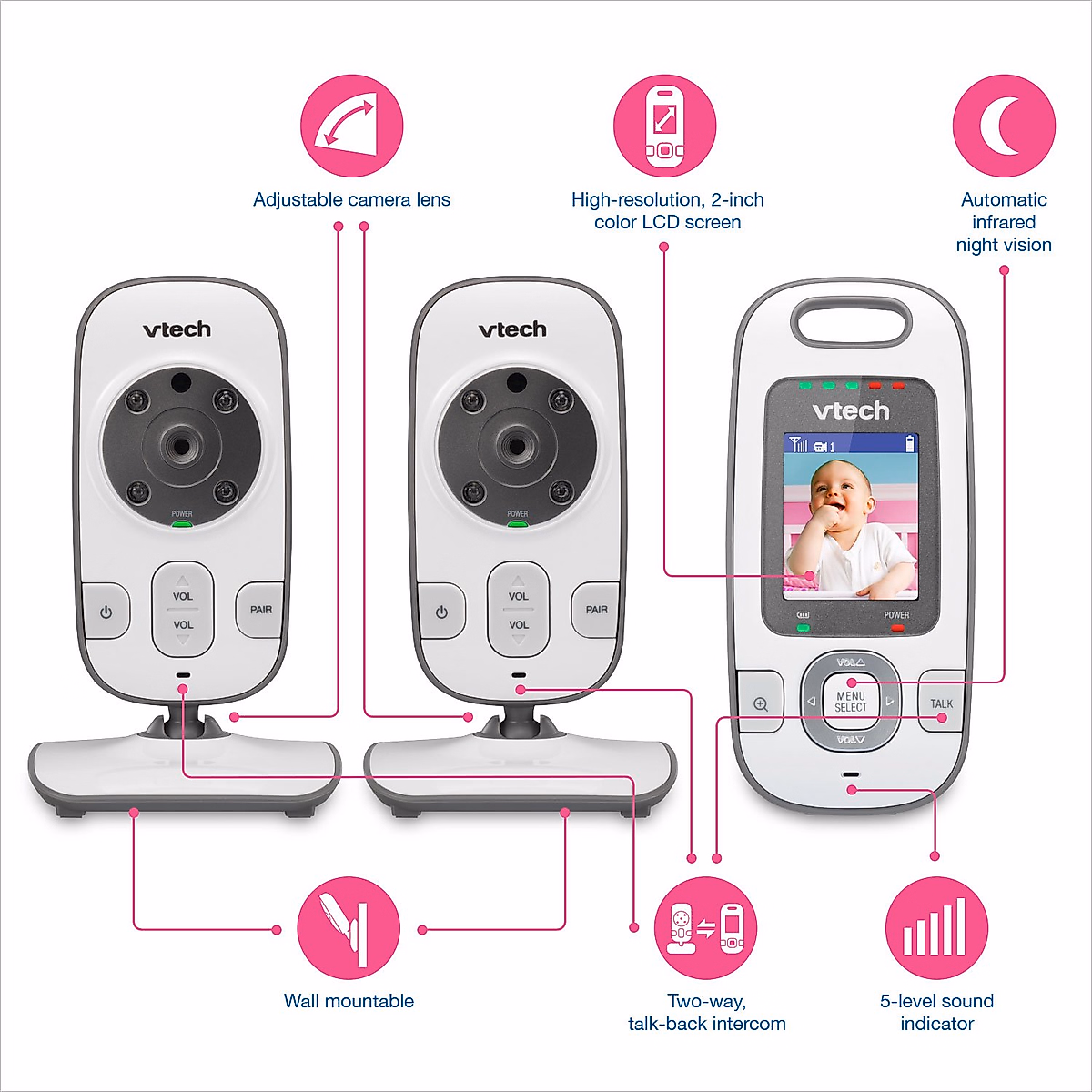 VTech BV73122GY Digital Video Baby Monitor with 2 Cameras and Automatic Night Vision, Gray