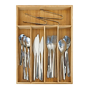 ZROOY Kitchen Bamboo Drawer Organizer Utensils Tray Organizer, Small Silverware Organizer with 5 Compartments for Spoons Forks Knives