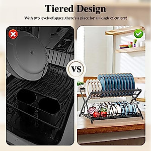 Iwaiting Outdoor Dish Drying Rack Collapsible, 2 Tier Dish Dryer Rack for More Space Saving, Durable Metal Foldable Dishrack with Cup Rack, Dish Racks for Kitchen Counter Black