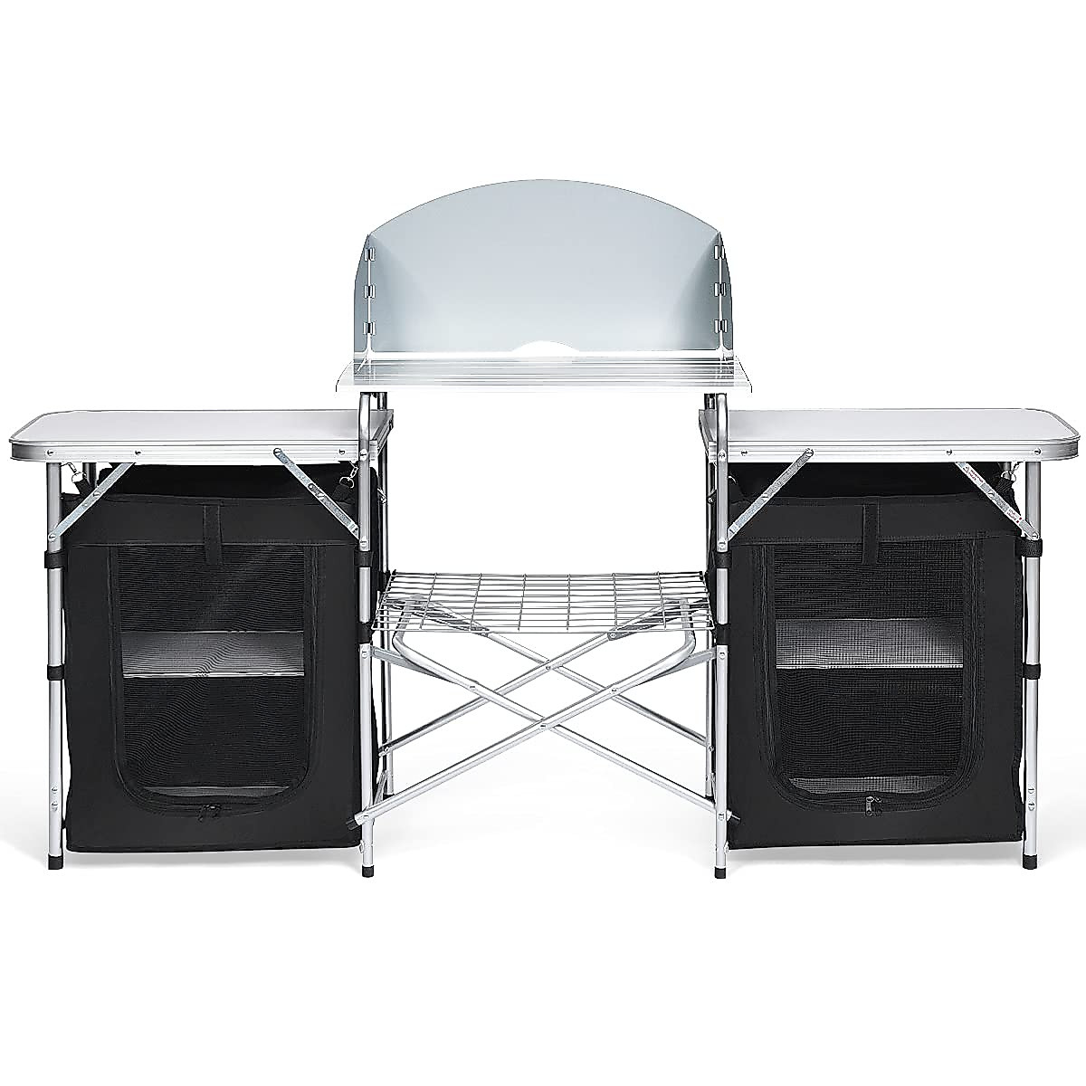PETSITE Portable Camping Kitchen Table with Storage Organizer, Aluminum Windscreen Folding Cooking Table Camp Kitchen Equipment for BBQ, Party and Picnic, Black