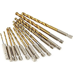 Titanium Twist Drill Bit Set - 13 Pcs Hex Shank High Speed Steel， Premium 4341 HSS Titanium Impact Hex Drill Bits for Wood, Steel, Metal, Plastic, Quick Change Design (1/16”-1/4”)