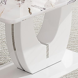 White Marble Dining Table for 4-6, Modern Kitchen Dining Room Table with Faux Marble Top and U Shape Wood Pedestal Base, 63" Rectangular Dining Table for Dining Room Kitchen Living Room