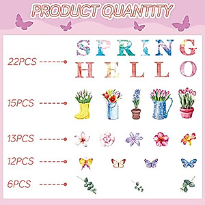 68 Pcs Hello Spring Cut Outs with 100 Pcs Glue Points Spring Floral Cut Outs Spring Bulletin Board Set Flower Plants Spring Cutouts Bulletin Board Decorations for Classroom School Game (Cute Style)
