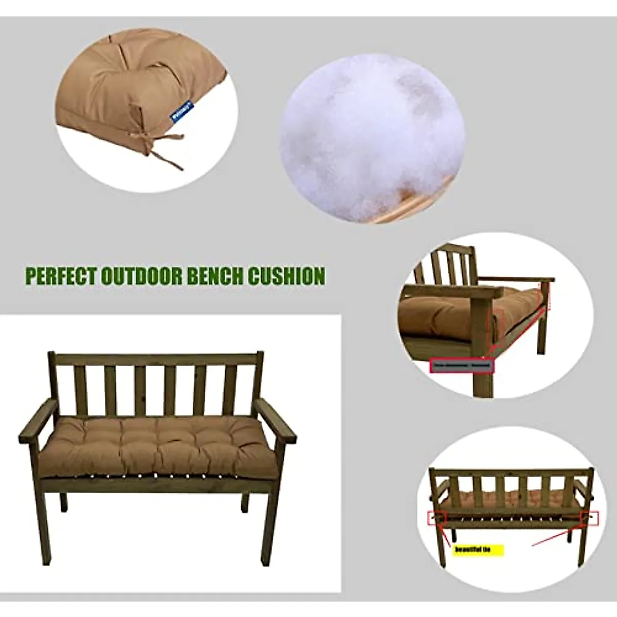 Wuisimiy Outdoor Bench Cushion，Porch Swing Cushions，Patio Replacement Cushions，51x19.5in for Garden Furniture Patio Lounger Bench Swing Loveseat,Khaki