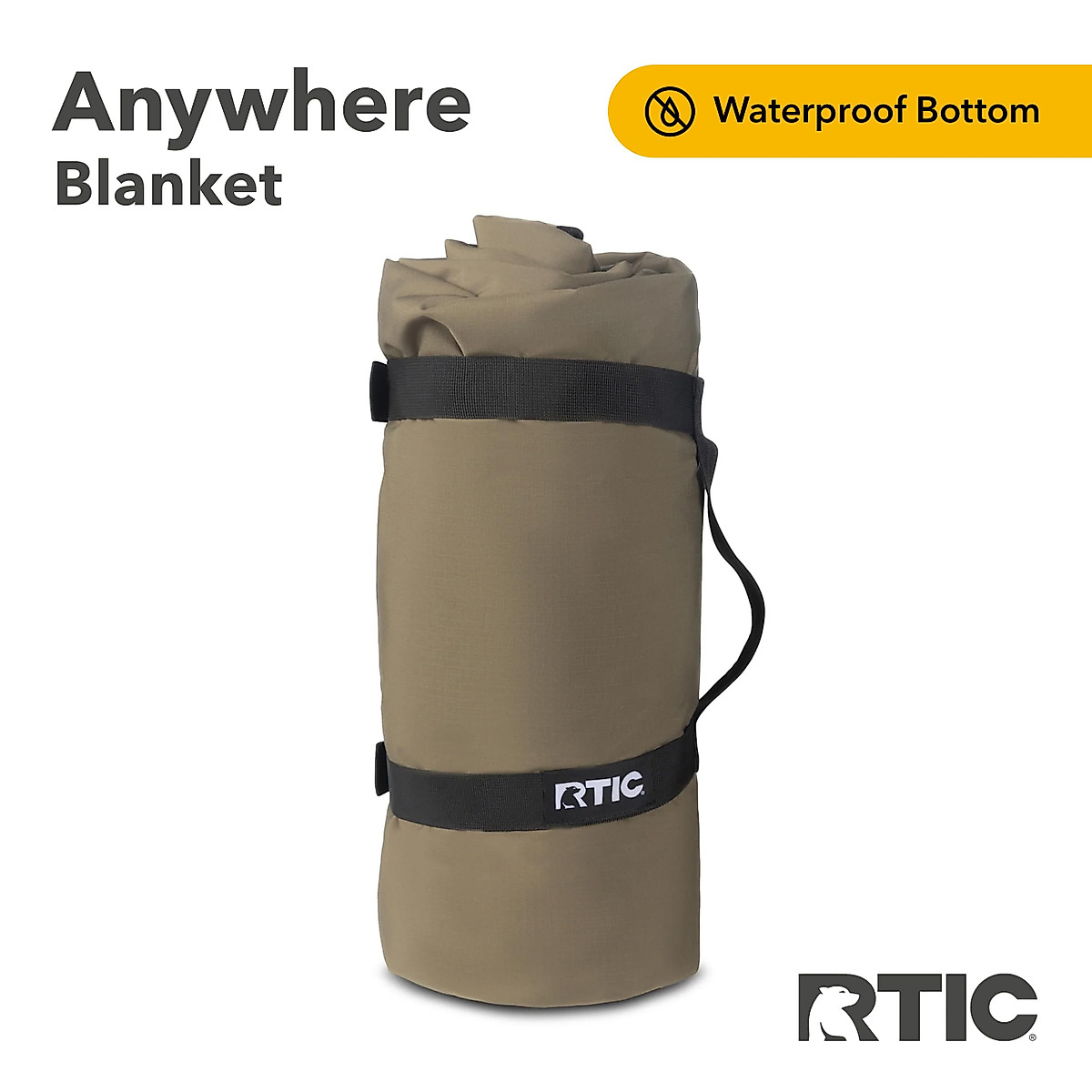 RTIC Anywhere Blanket, Waterproof Portable, Quilted Outdoor Mat for Picnic, Beach, Camping, Grass, Park, Play-Time, Pets, Stain Resistant Machine Washable, Includes 4 Stakes, 54.5" x 78.5", Olive