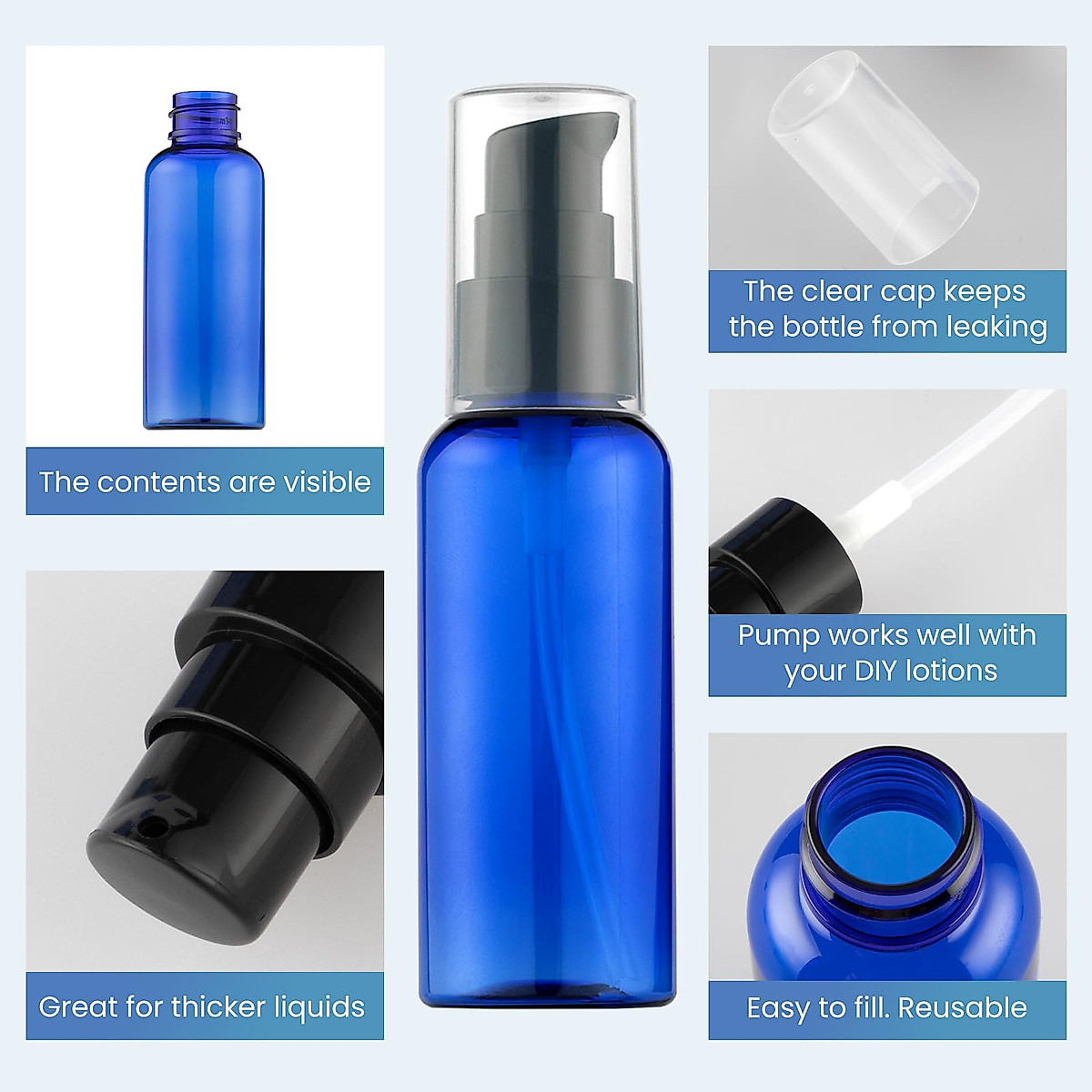 VIDELLY 10 Pieces Travel Pump Bottles for Toiletries 2oz Small Pump Bottles Clear Travel Bottle Plastic Empty Spray Bottle Dispenser With Black Cap For Lotion Cream Essential Oil,50ml Blue (Blue,