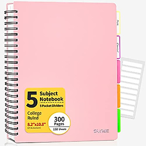 SUNEE 5 Subject Notebook College Ruled - 300 Pages, 8.2"x10.8", Spiral Lined Notebook with 5 Pocket Colored Dividers, 3-Hole Punched Paper, Pink Notebooks for School Supplies, Home & Office, Writing Journal