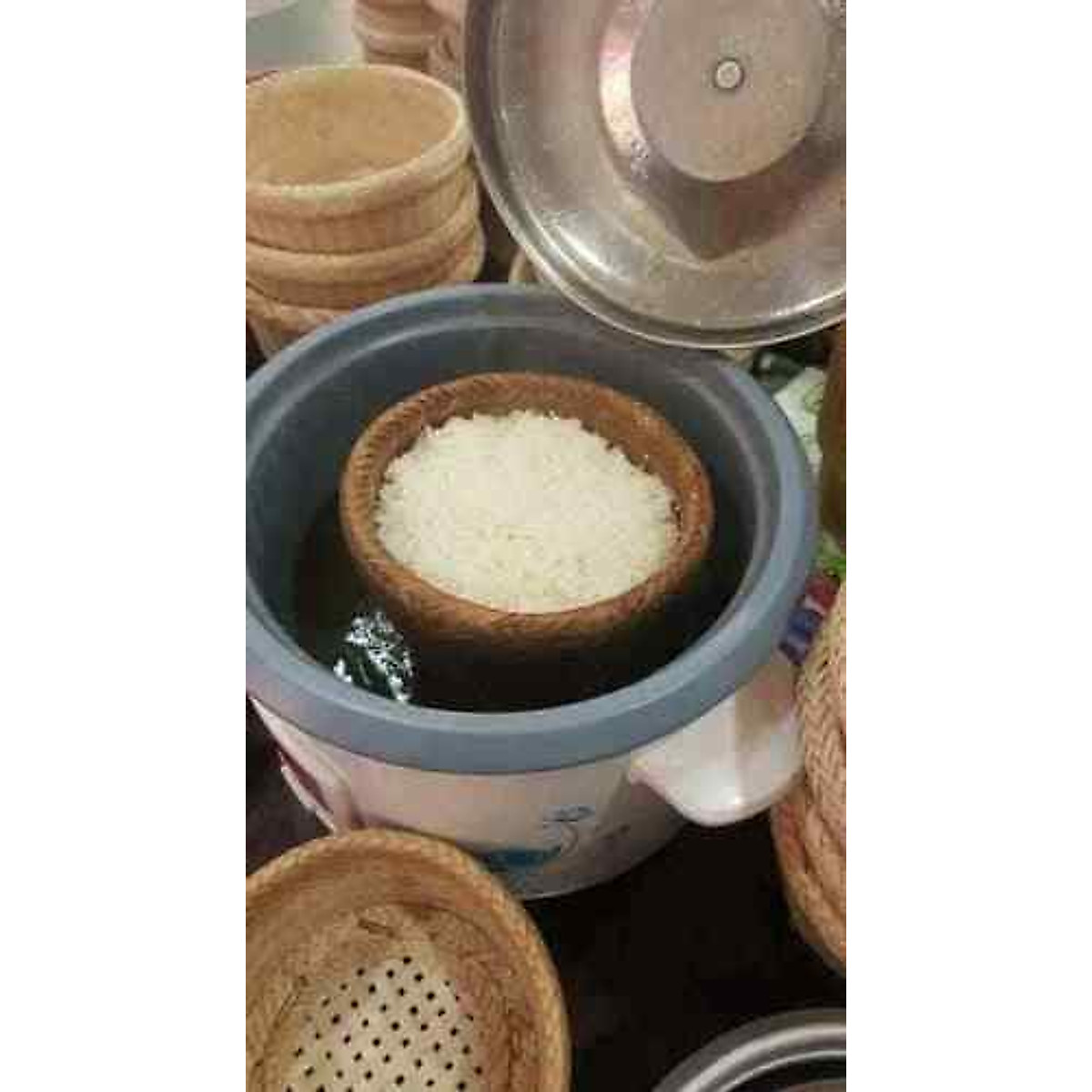 YANEE sticky rice cooker steamer bamboo basket with lid dumpling steam steaming food baskets cooker vegetable dumpling steam use with insert electric rice cooker pot size 6 inch