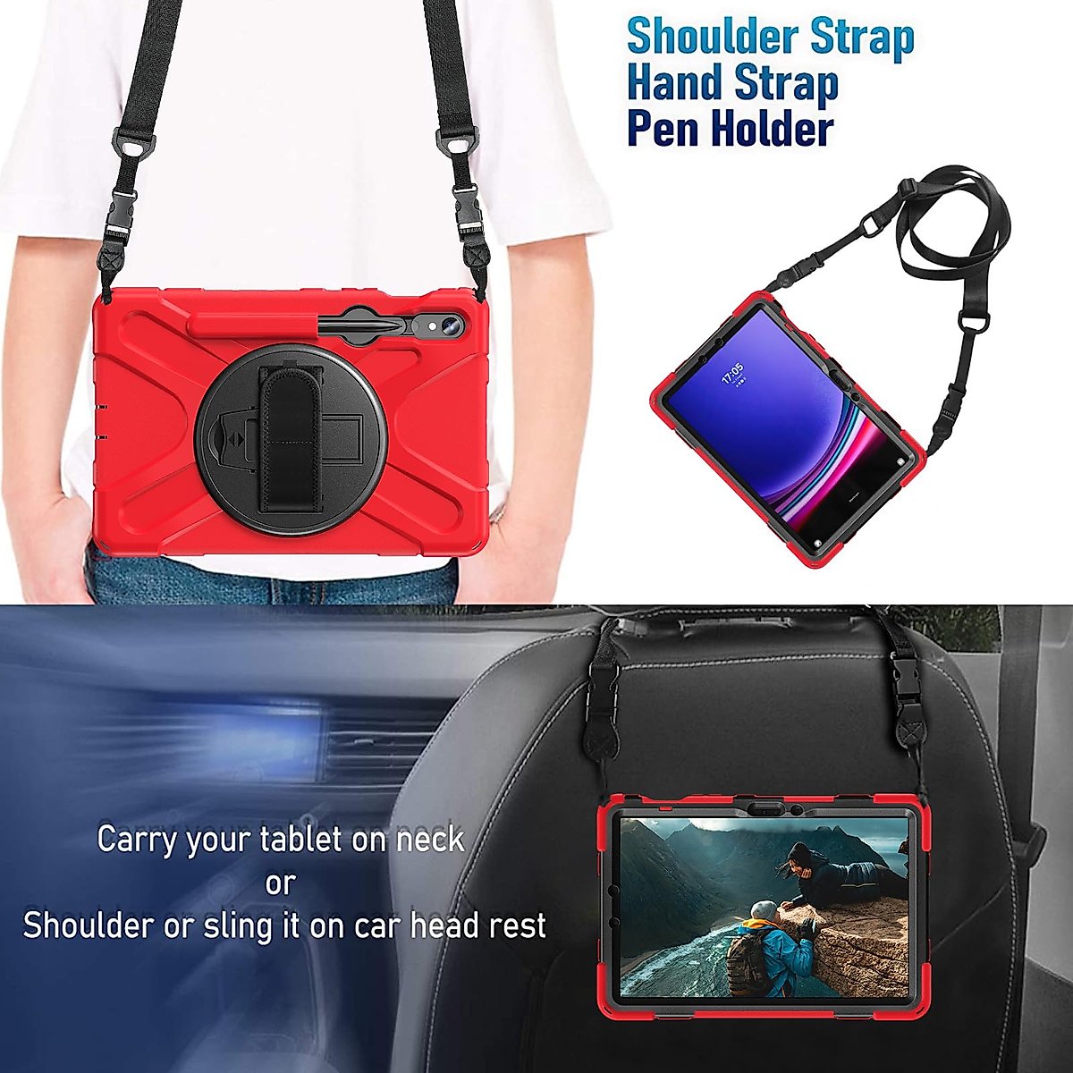 SLLMYYX Case for Samsung Galaxy Tab S8 11 inch 2022 Released SM-X700, 360 Degree Swivel Kickstand Hand Shoulder Strap Shockproof Rugged Protective Case (Red)