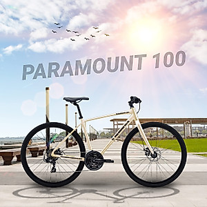 5Seconds Hybrid Bicycle Paramount 100 | Mountain Bike for Men, Women | 21-Speed, Lightweight Aluminum Alloy Frame, Adult Bike with Trigger Shifters and Mechanical Disc Brakes (Beige)