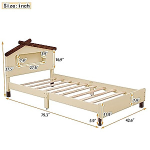 Twin Size House Platform Bed with LED Lights, Wood Kids Floor Bed Frame with Headboard and Slats Support, No Box Spring Needed, Cream with Walnut