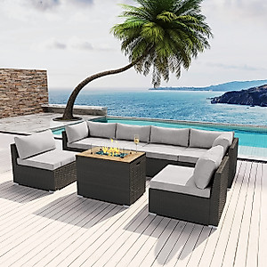 MODENZI Patio Furniture Outdoor Sectional with Propane Fire Pit Table Espresso Brown Wicker Resin Garden Conversation Sofa Set (Light Grey)