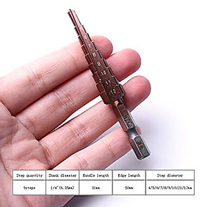 ATOPLEE 1pc Cobalt Step Drill Bit,M35 5% HSS Co,Spiral Flutes and 1/4 Inch Hex Shank,Unibit Step Bit for Hole Drilling in Metal, Copper, Aluminum, Wood, Plastic,9 Steps,4-12mm