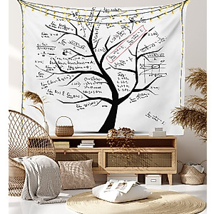 Lunarable Mathematics Room Tapestry King Size, Math Tree Branches Complex Formulas Solution Knowledge Print, Wall Hanging Bedspread Bed Cover Wall Decor, 30" X 45", Black and White