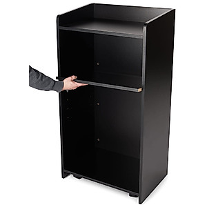 Displays2go Hostess Station, Hidden Wheels, Adjustable Shelf, Black (LCKDPHSBK)