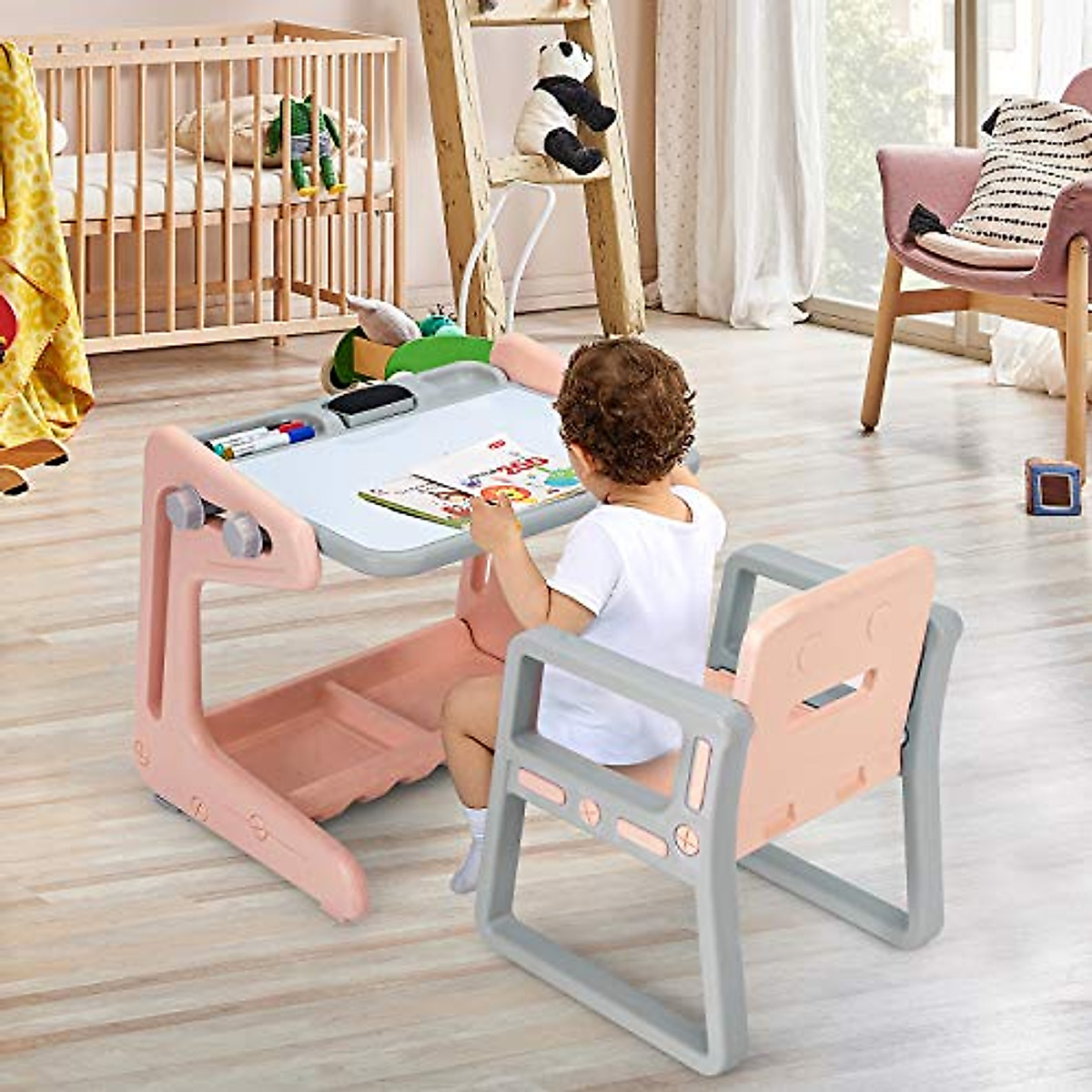 Costzon 2 in 1 Kids Table & Chair, Art Easel w/Adjustable Magnetic Painting Board, Storage Space, Art Supply Accessory, Children Convertible Activity Table Set for Drawing Reading Art Playroom (Pink)