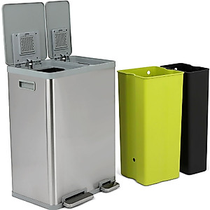 Simpli-Magic 60 Liter / 16 Gallon Rectangular Hands-Free Dual Compartment Recycling Kitchen Step Trash Can with Soft-Close Lid, Brushed Stainless Steel (40L + 20L Capacity)