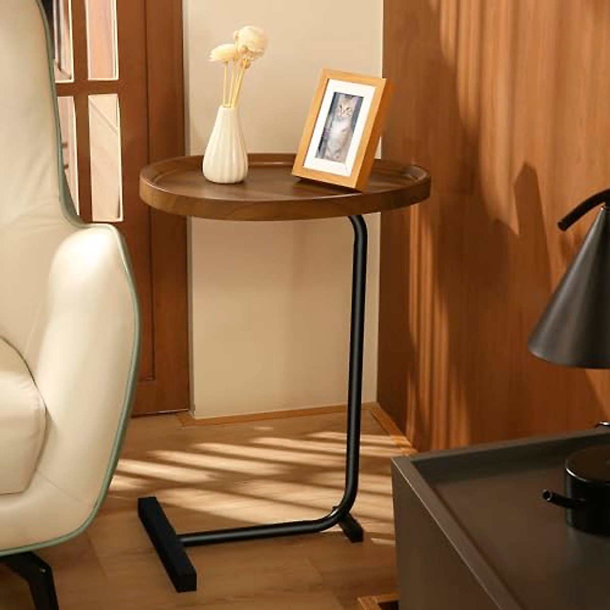 Eansstofars Small Side Table for Small Spaces, Narrow C Shaped End Table for Sofa Couch and Bed, Walnut and Black, Perfect for Indoor, Living Room, Bedroom, Bathroom