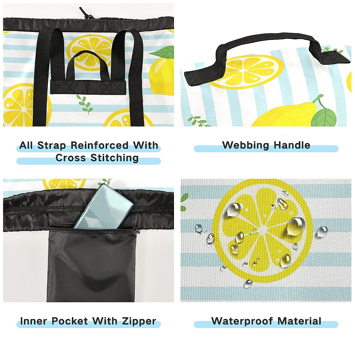Striped Lemon Laundry Backback Large Heavy Duty Laundry Bag with Shoulder Straps Waterproof Laundry bag for Traveling Camp Dirty Clothes Organizer for College Students