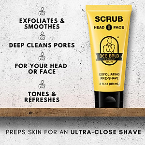 Bee Bald SCRUB Exfoliating Pre-Shave for Deep Cleans & Removing Pore Clogging Dirt, Oil & Dry Flaky Skin. Prepares You For a ‘Super Close Shave’, 3 Fl Oz