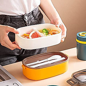 DILUOOU Bento Lunch Box For Adults, Stackable Bento Lunch Box With Divider,2 in 1 Compartment Salad Lunch container with Insulated Lunch Bag & Utensils,Microwave Safe(Yellow White)