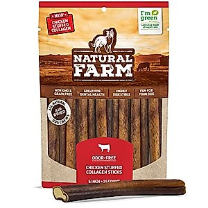 Natural Farm Peanut Butter Stuffed Collagen Sticks for Dogs (6 Inch, 5-Pack), Rawhide-Free Collagen Sticks, Natural Dog Chews, Long Lasting, for Small, Medium and Large Dogs,Rawhide Alternative
