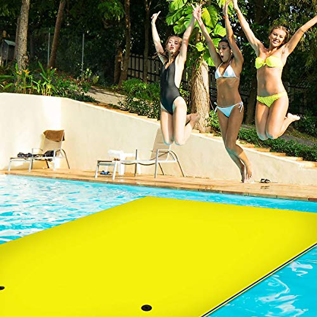 GYMAX Floating Water Pad, 9'/18' x 6' Water Foam Mat with Rolling Pillow, 3-Layer Floating Island for Pool River Lake Beach Ocean Water Activities (Yellow, 9 Feet)