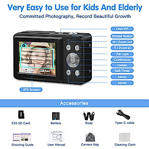 Newest Digital Camera, 1080P Digital Camera for Kids with 32GB Card Anti-Shake, Portable Point and Shoot Camera Fill Flash 16X Zoom, Small Camera