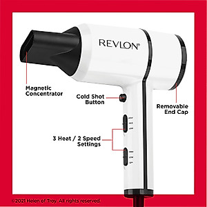 REVLON Crystal C + Ceramic Compact Hair Dryer | 1875W Blow Dryer with Crystal C Technology for Shiny Long-Lasting Shine and Less Frizz | Lightweight (White/Black)
