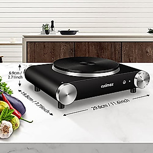 CUSIMAX Electric Hot Plate for Cooking Portable Single Burner 1500W Cast Iron hot plates Heat-up in Seconds Adjustable Temperature Control Stainless Steel Non-Slip Rubber Feet Upgraded Version B101