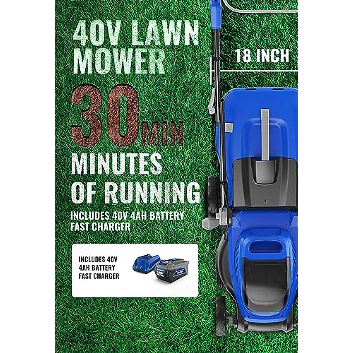 WILD BADGER POWER Lawn Mower 40V Brushless 18" Cordless, 5 Cutting Height Adjustments Electric Lawn Mower, Quickly Folding Within 5’s, 4.0AH Battery and Super Charger Included.