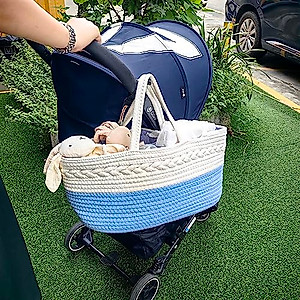 Large Baby Diaper Caddy Organizer Blue 100% Cotton Rope Basket Nursery Storage Bin Portable for Changing Table/Car Hanging Travel Bag Tote Newborn Registry Must Have Baby Boy Shower Gift Basket